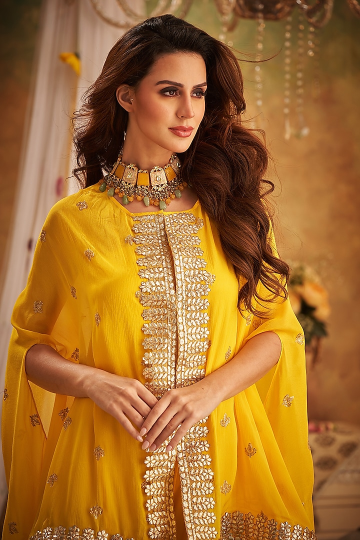 Yellow Georgette Lace & Boota Embroidered Cape With Jumper by Arab Crab ...