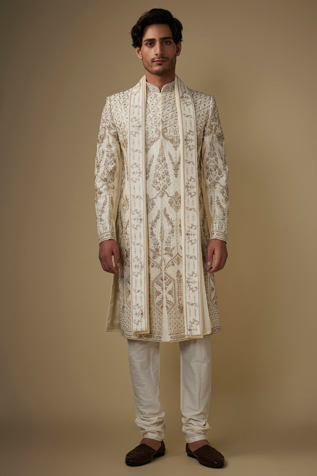 Cream Silk Metallic Thread Embroidered Wedding Sherwani Set by ACHKANN ...
