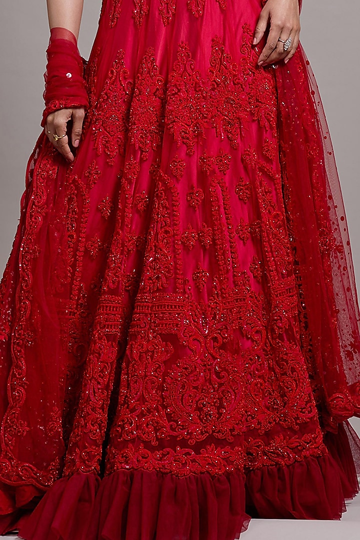 Red French Lace Swarovski Embroidered Bridal Lehenga Set by Archana ...