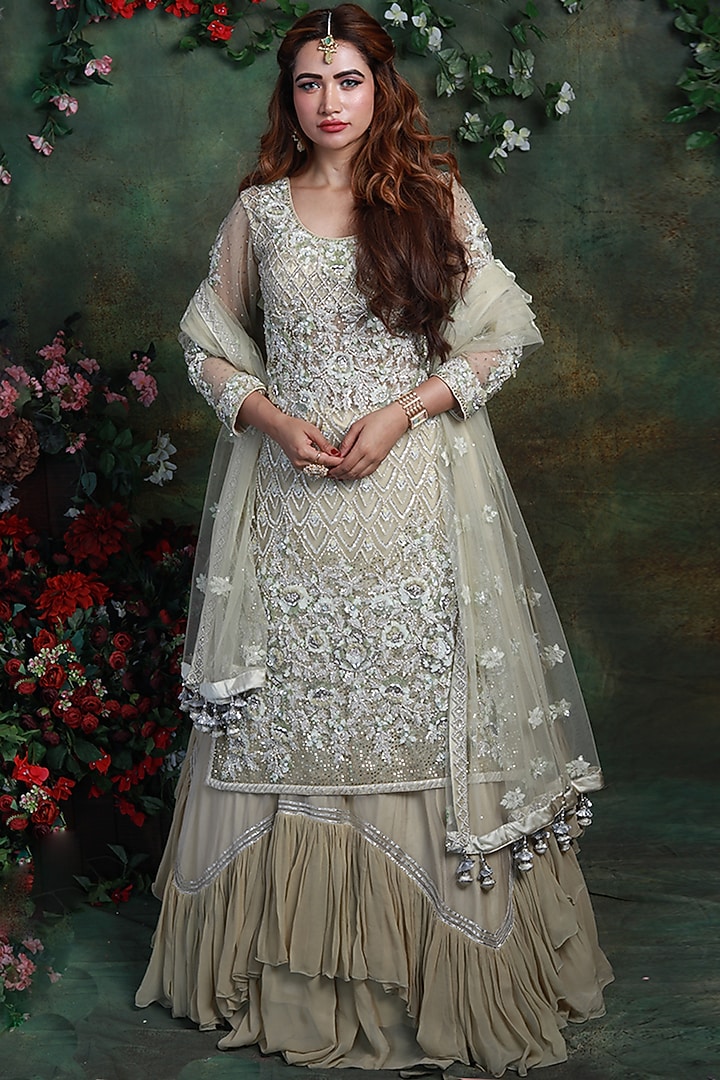 Light Olive Green Georgette Wedding Lehenga Set by Archana Kochhar at ...