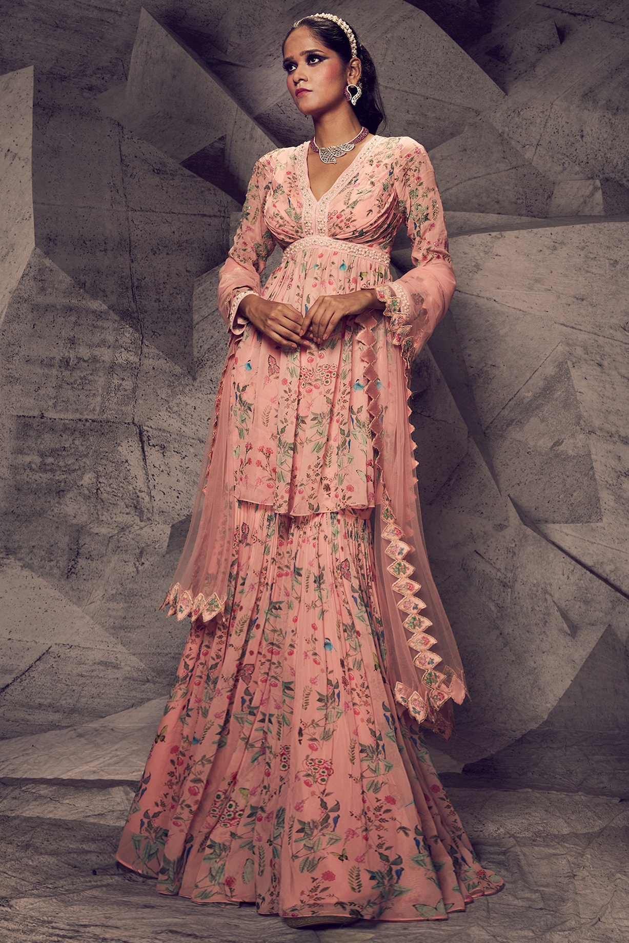 Pastel Pink Georgette Floral Sharara Set Design by Archana Kochhar at ...