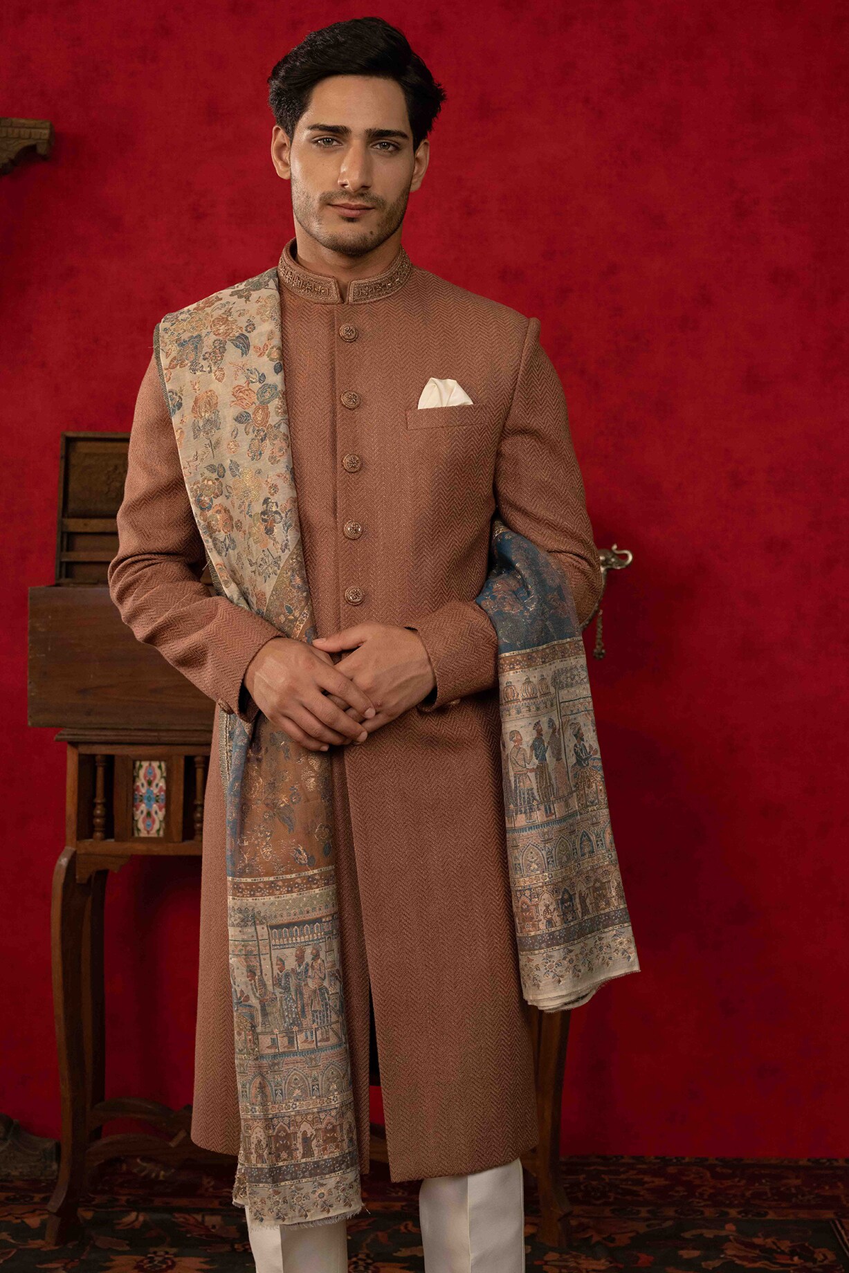Brown Matka Silk Wedding Sherwani Set by ADANI at Pernia's Pop Up Shop 2025