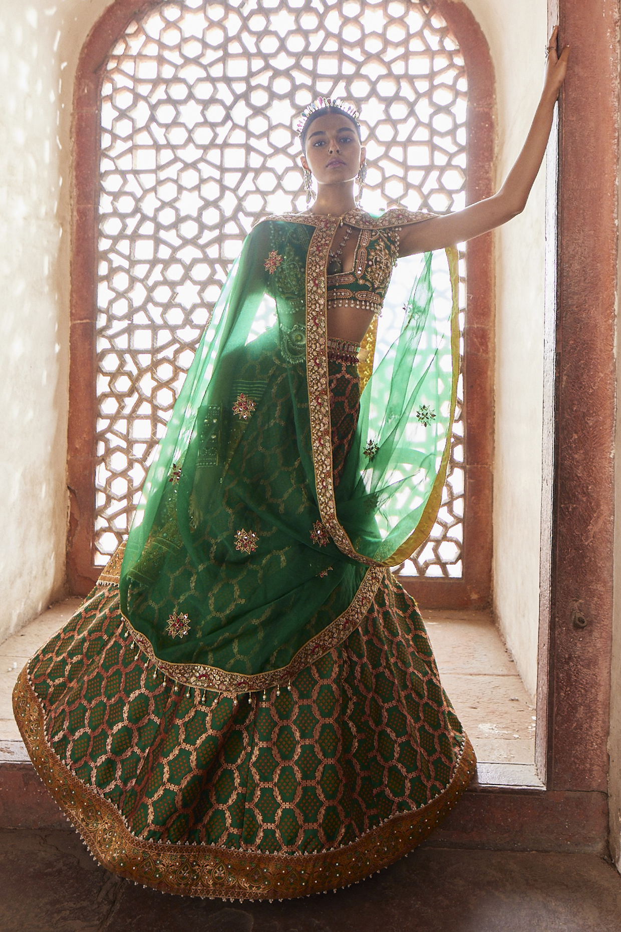 Green Woven Silk Banarasi Lehenga Set Design By Aditi Gupta At Pernias