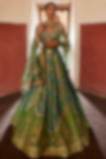 Green Woven Silk Embroidered Banarasi Wedding Lehenga Set By Aditi