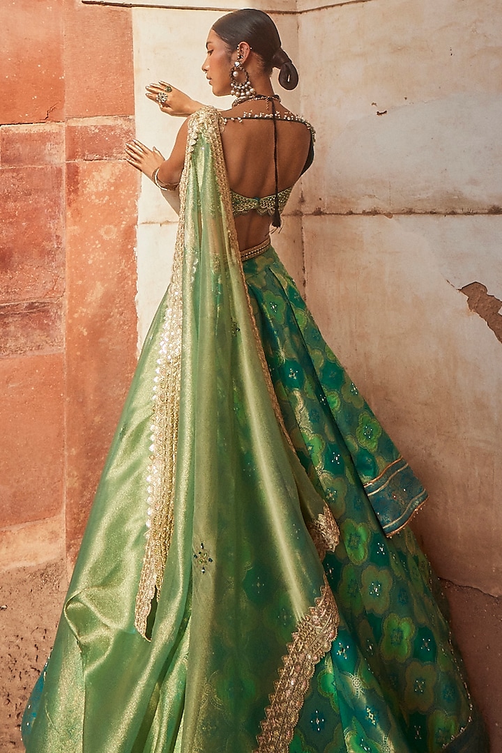 Green Woven Silk Embroidered Banarasi Wedding Lehenga Set By Aditi