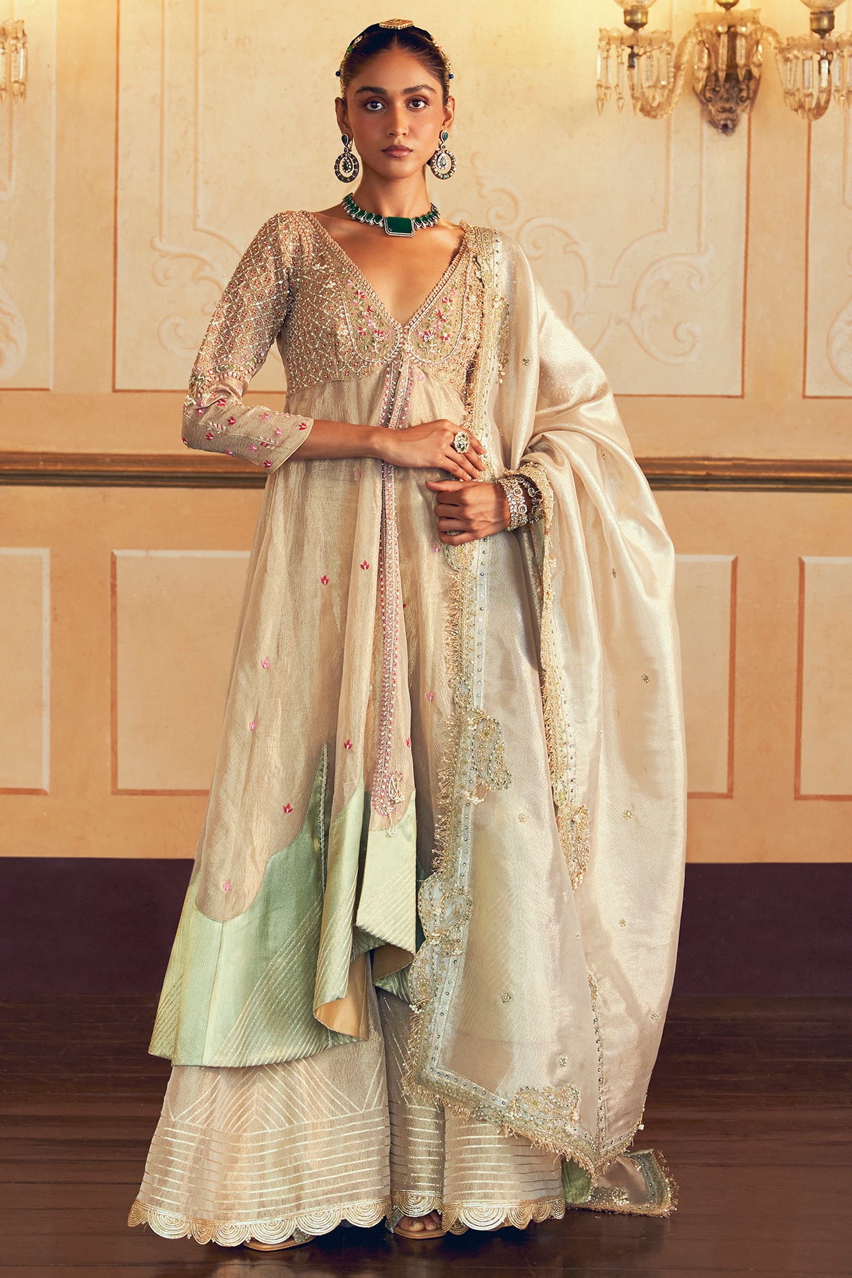 Pearl Ivory Silk Zari Tissue Pearl Work Kalidar Jacket Set by Aditi ...