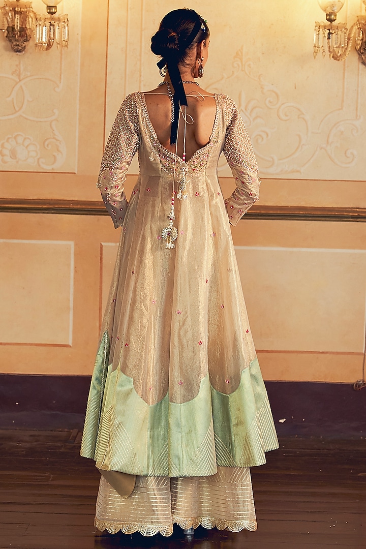 Pearl Ivory Silk Zari Tissue Pearl Work Kalidar Jacket Set by Aditi ...
