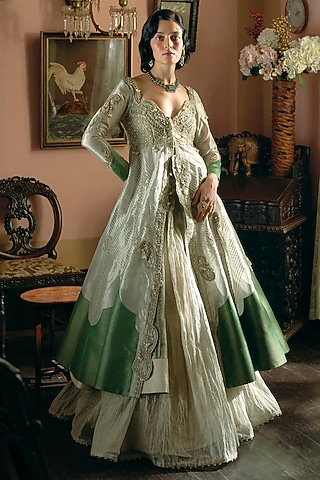 Pearl Gold Silk Zari Tissue Paisley Embroidered Kalidar Jacket Set by ...