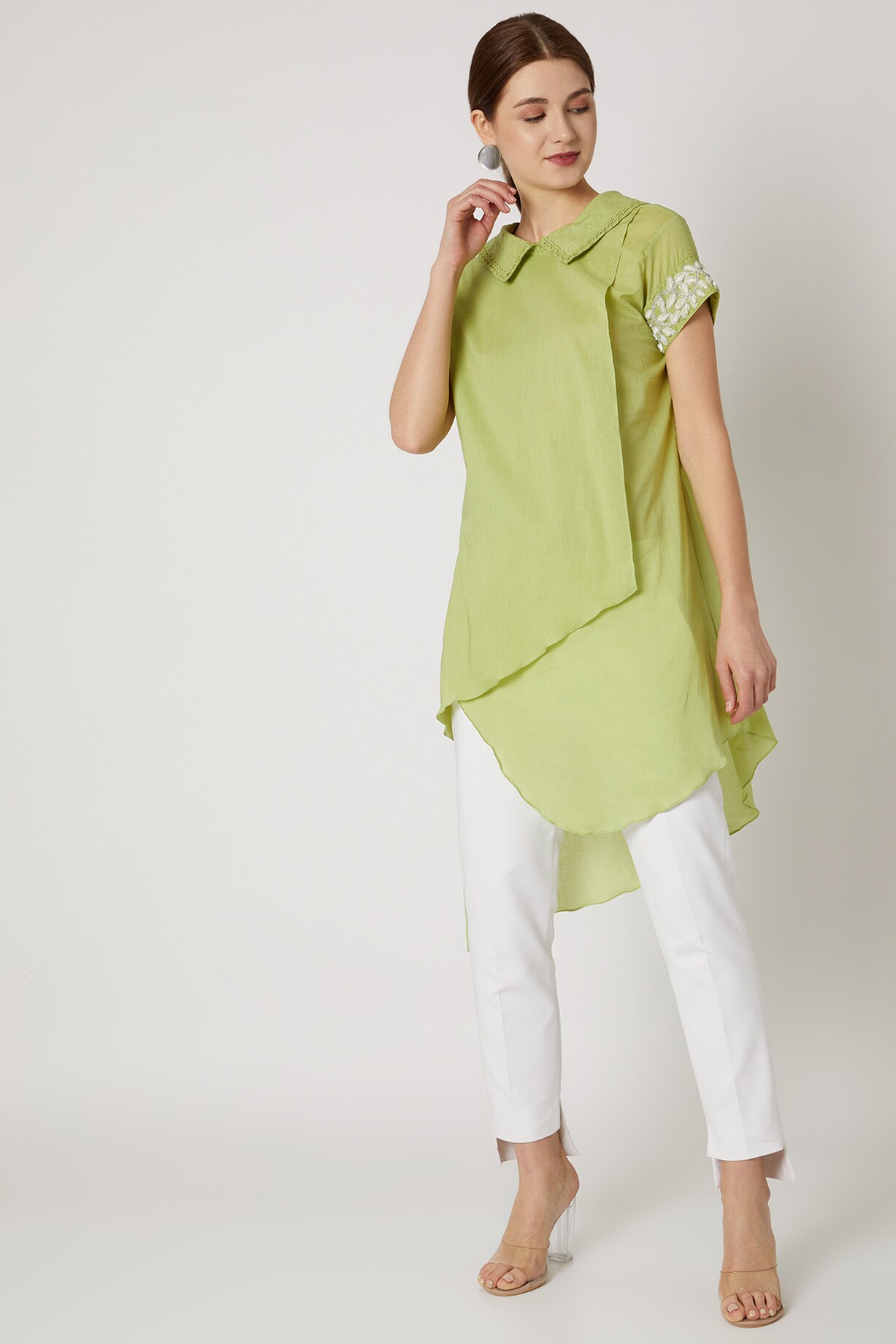 Lime Green Tunic With Embroidered Sleeves by Adah at Pernia's Pop Up Shop 2024