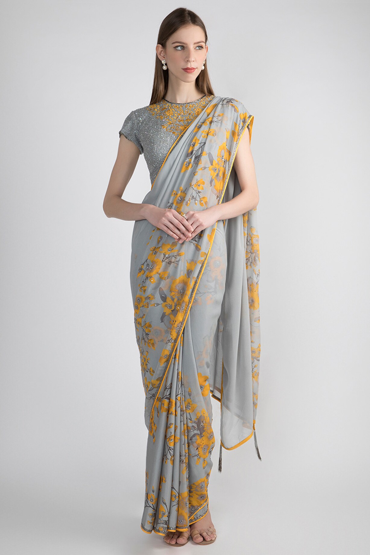 Grey Printed & Embroidered Saree Set by Adah at Pernia's Pop Up Shop 2025