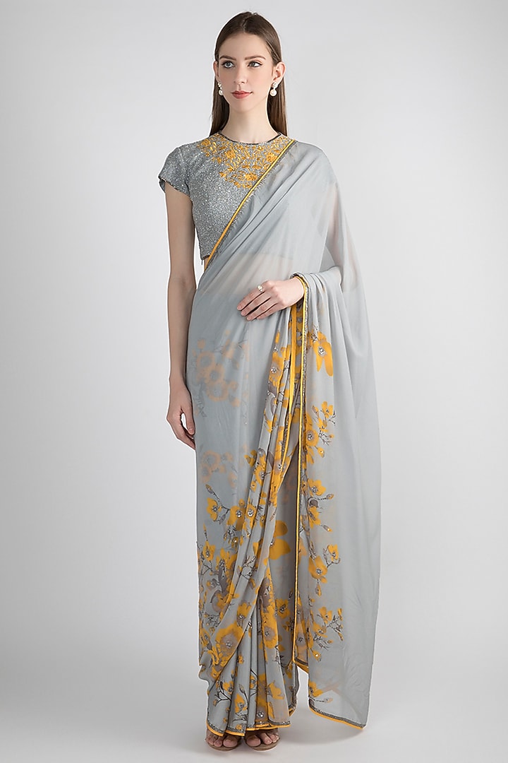 Grey Printed & Embroidered Saree Set by Adah at Pernia's Pop Up Shop 2025