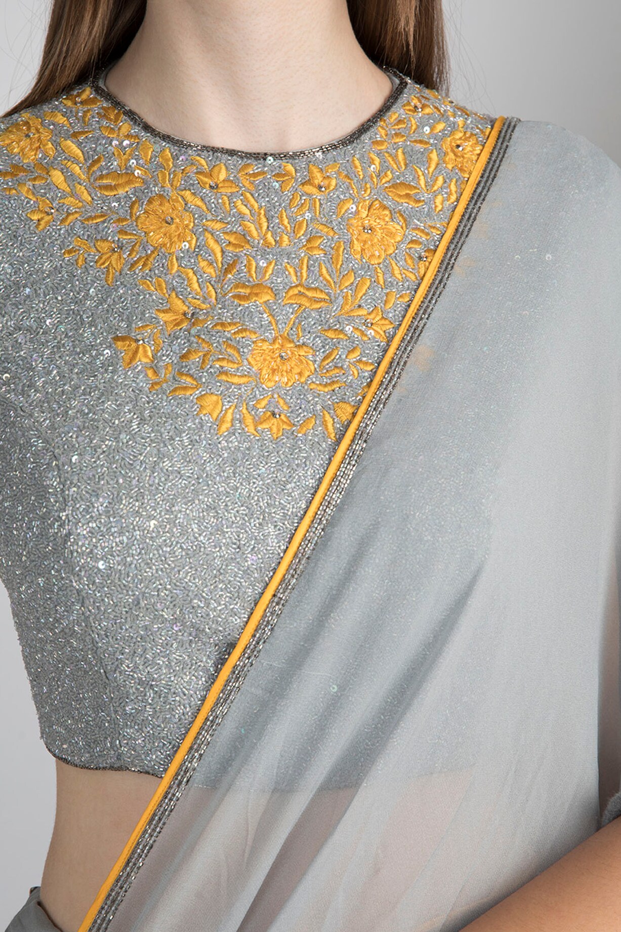 Grey Printed & Embroidered Saree Set by Adah at Pernia's Pop Up Shop 2025