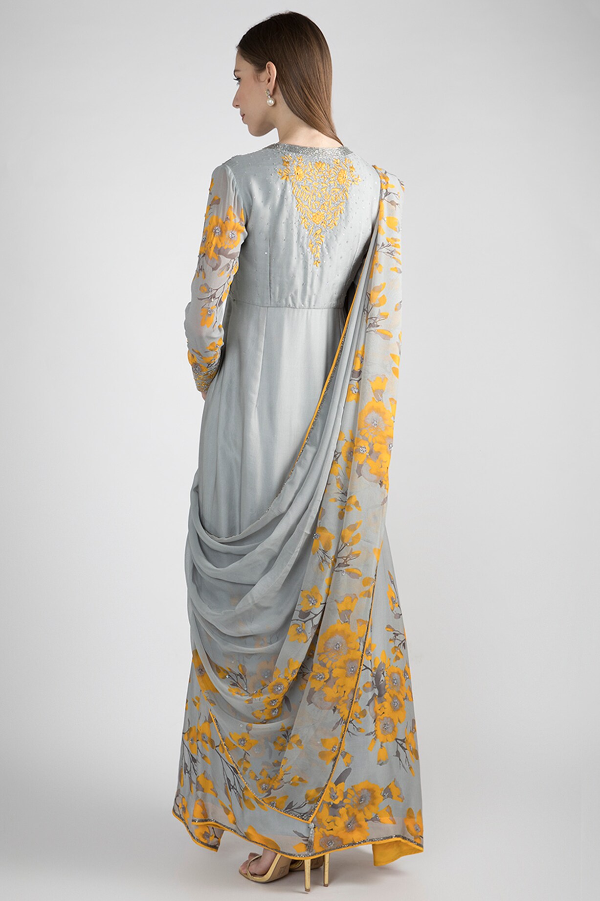 Grey & Yellow Printed Anarkali Set by Adah at Pernia's Pop Up Shop 2025