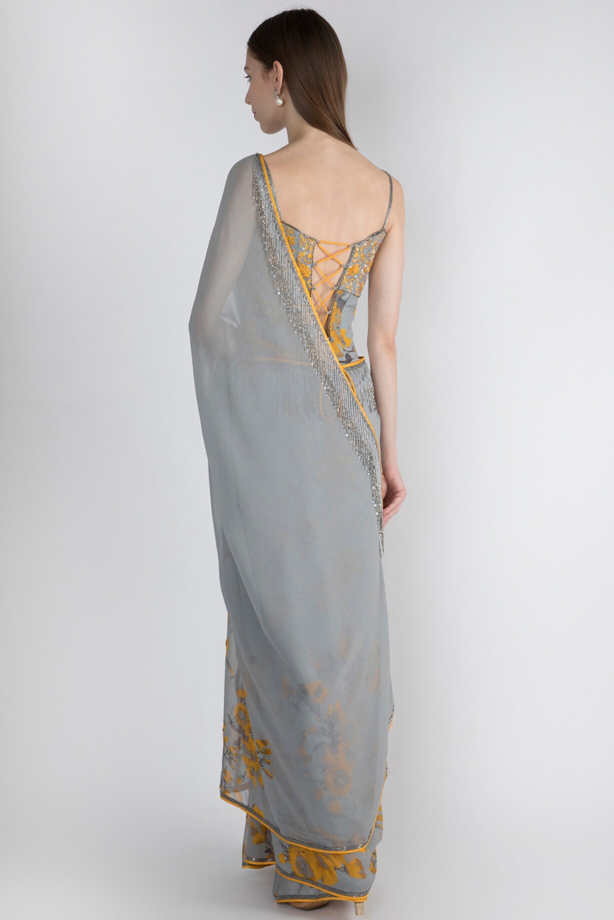 Grey Printed Saree Set by Adah at Pernia's Pop Up Shop 2026