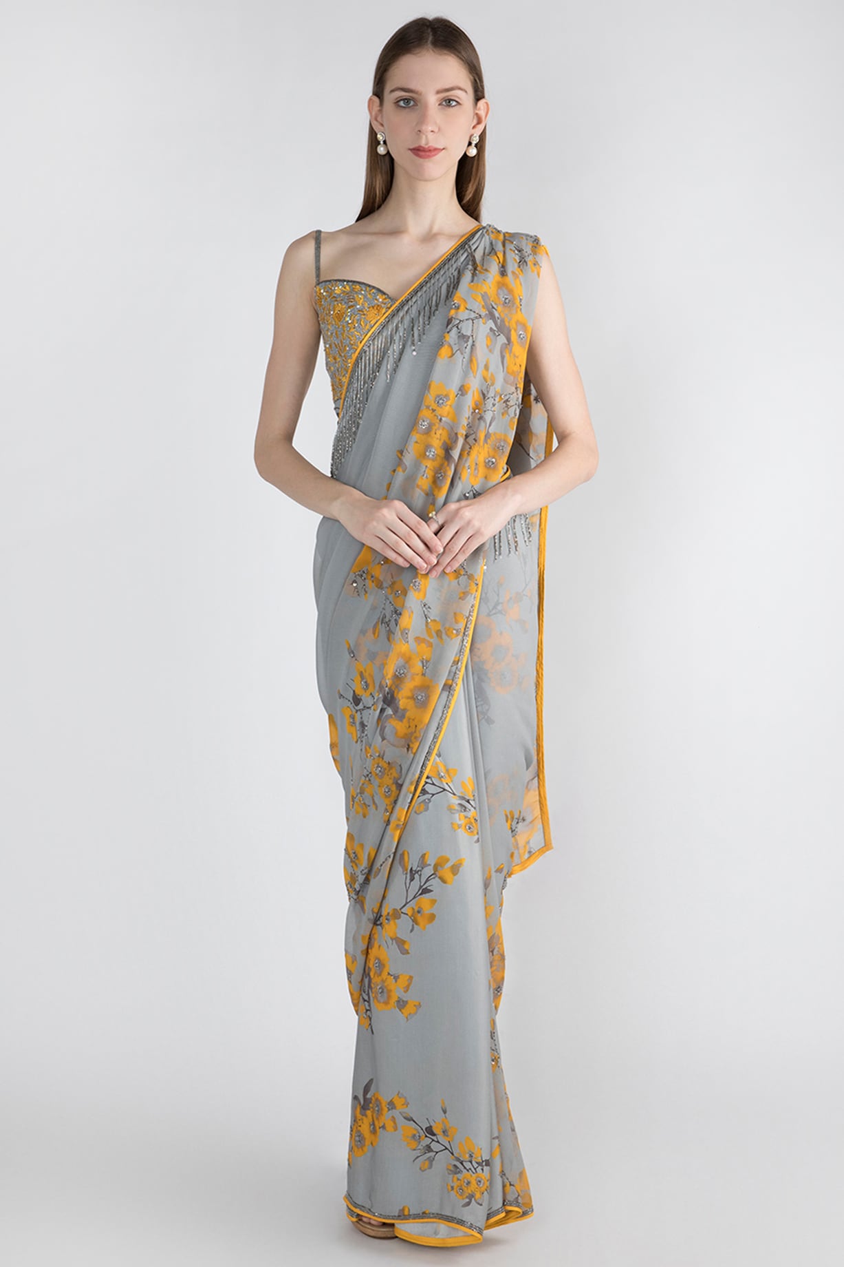 Grey Printed Saree Set by Adah at Pernia's Pop Up Shop 2025