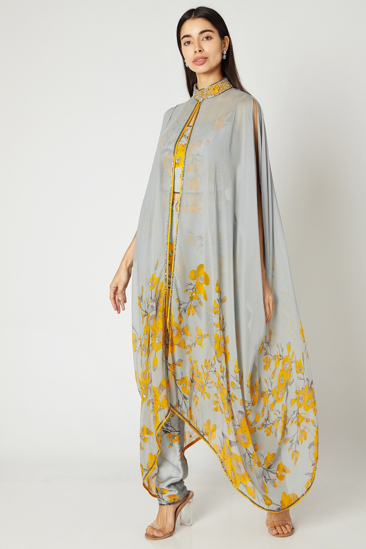 Grey Printed Embroidered Cape Set by Adah at Pernia's Pop Up Shop 2025