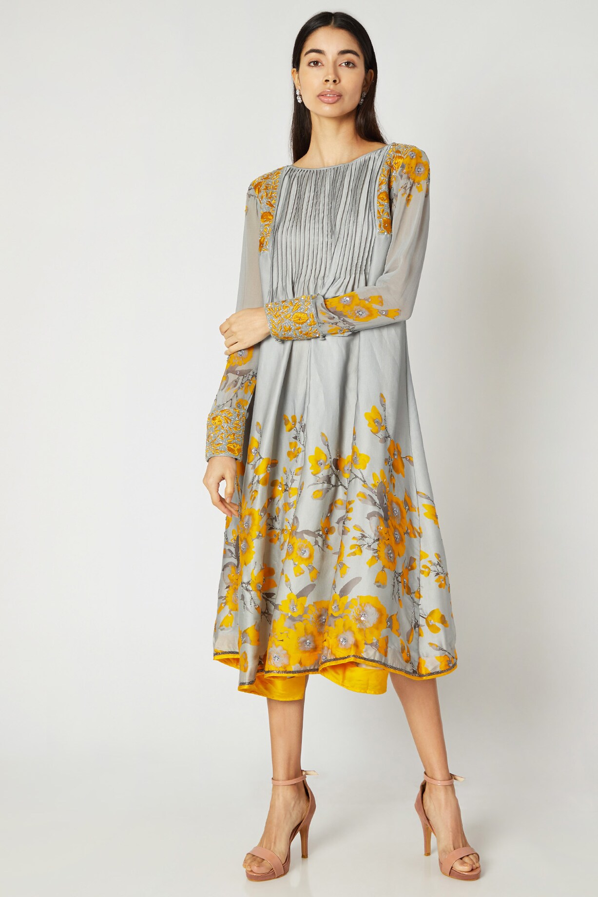 Grey Printed Embroidered Tunic Design by Adah at Pernia's Pop Up Shop 2024