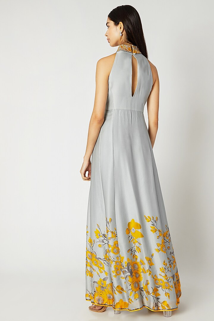 Grey Printed Embroidered Anarkali Set by Adah at Pernia's Pop Up Shop 2025