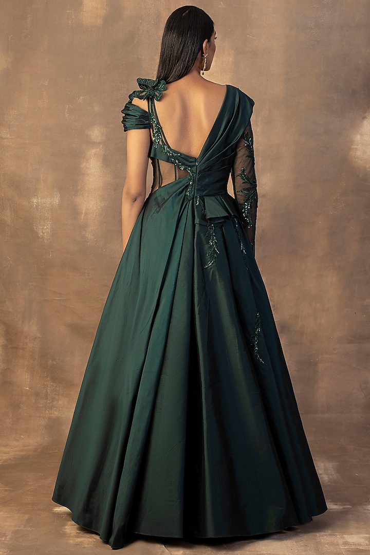 Bottle Green Taffeta Embroidered Gown by ADI BY ADITYA KHANDELWL at ...