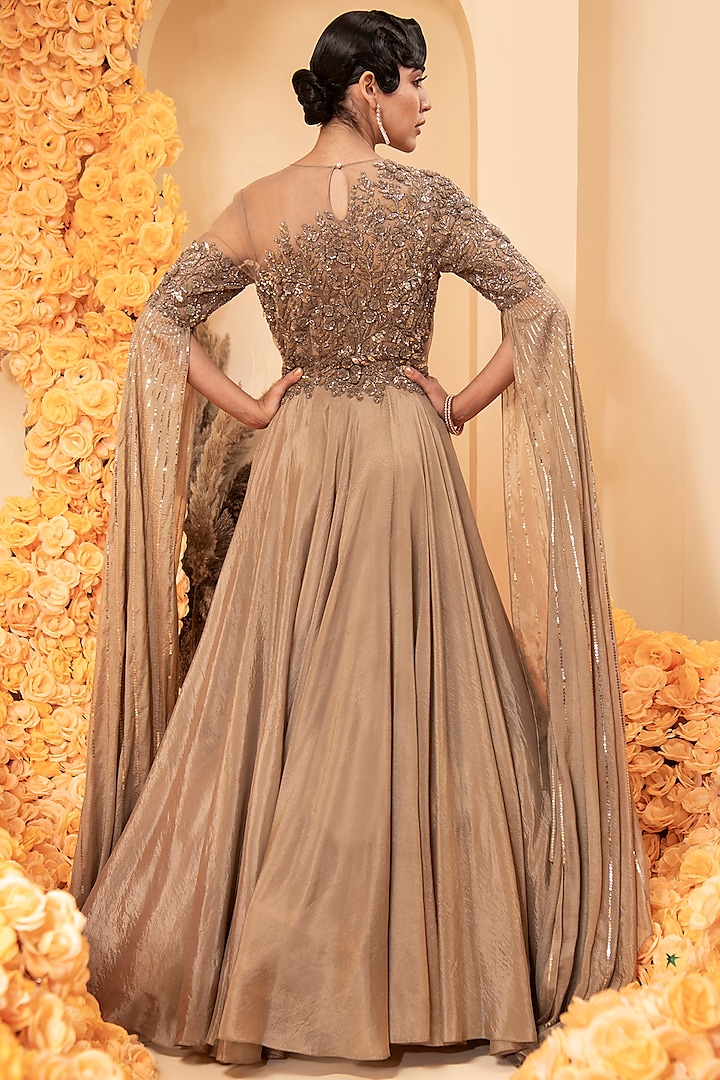Mouse Grey Tissue Georgette Embroidered Gown by ADI BY ADITYA KHANDELWL ...