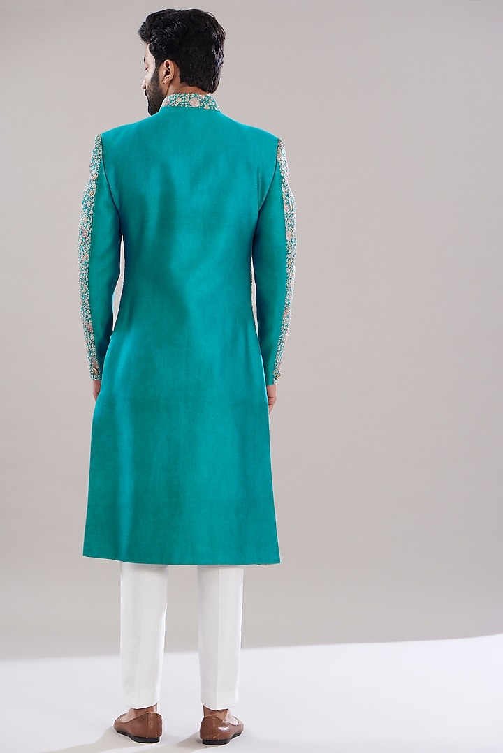 Buy Aditya Sachdeva Men Blue Raw Silk Hand Embroidered Sherwani Set at Pernia'sPopUpShopMen 2025