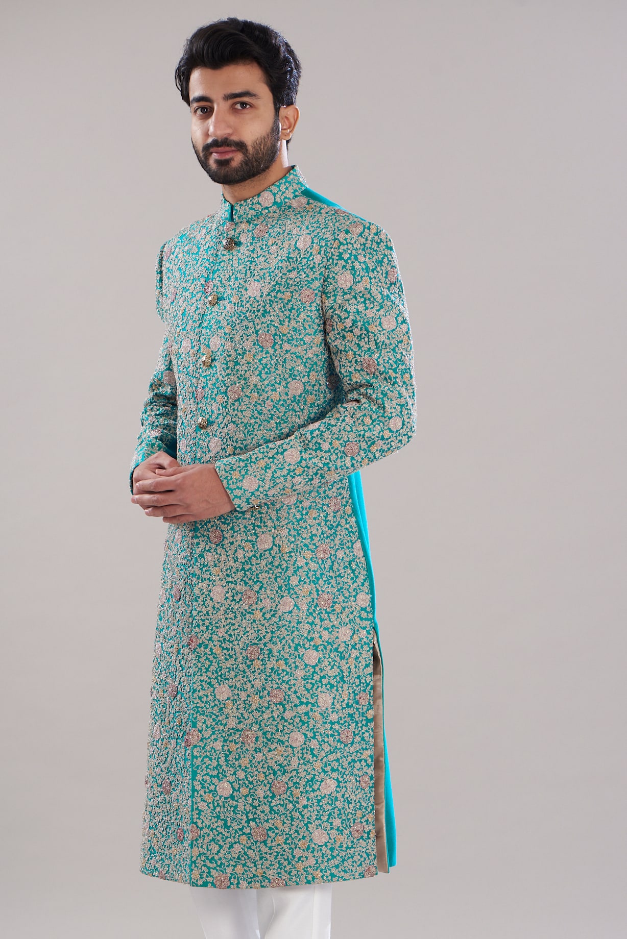 Blue Raw Silk Hand Embroidered Groom Sherwani Set by Aditya Sachdeva Men at Pernia's Pop Up Shop ...