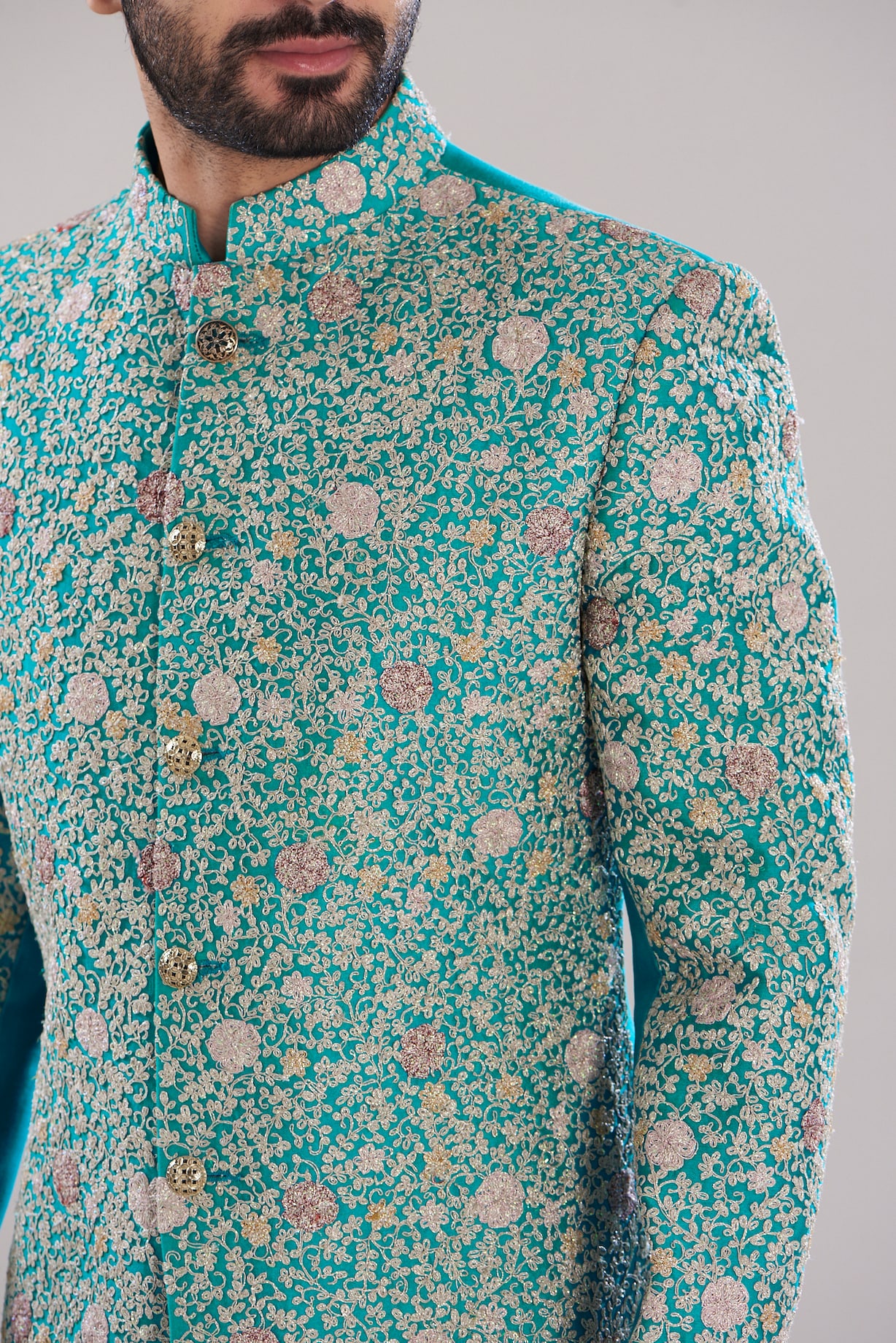 Buy Aditya Sachdeva Men Blue Raw Silk Hand Embroidered Sherwani Set at ...