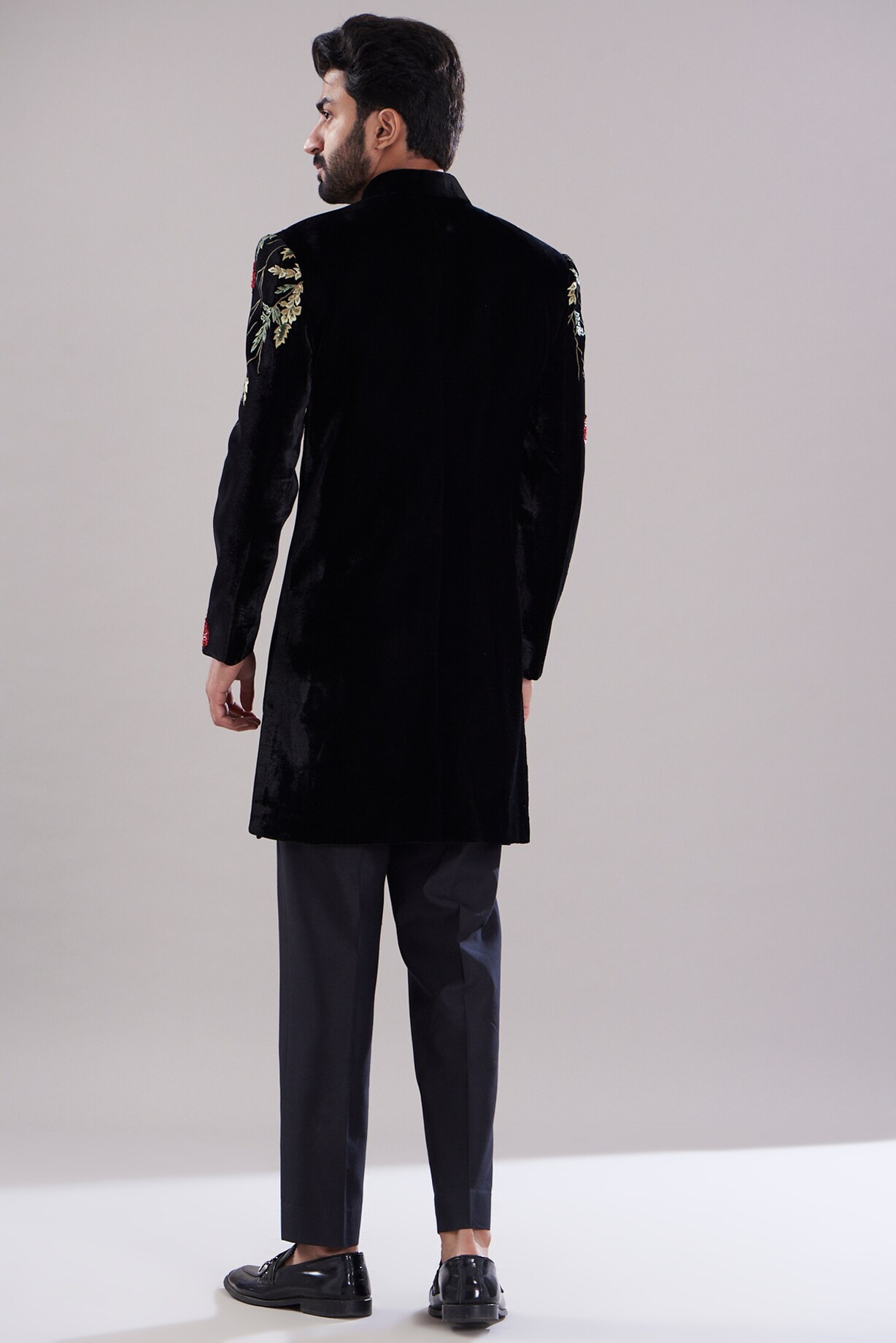 Black Silk Velvet Hand Embroidered Indowestern Set by Aditya Sachdeva Men at Pernia's Pop Up ...
