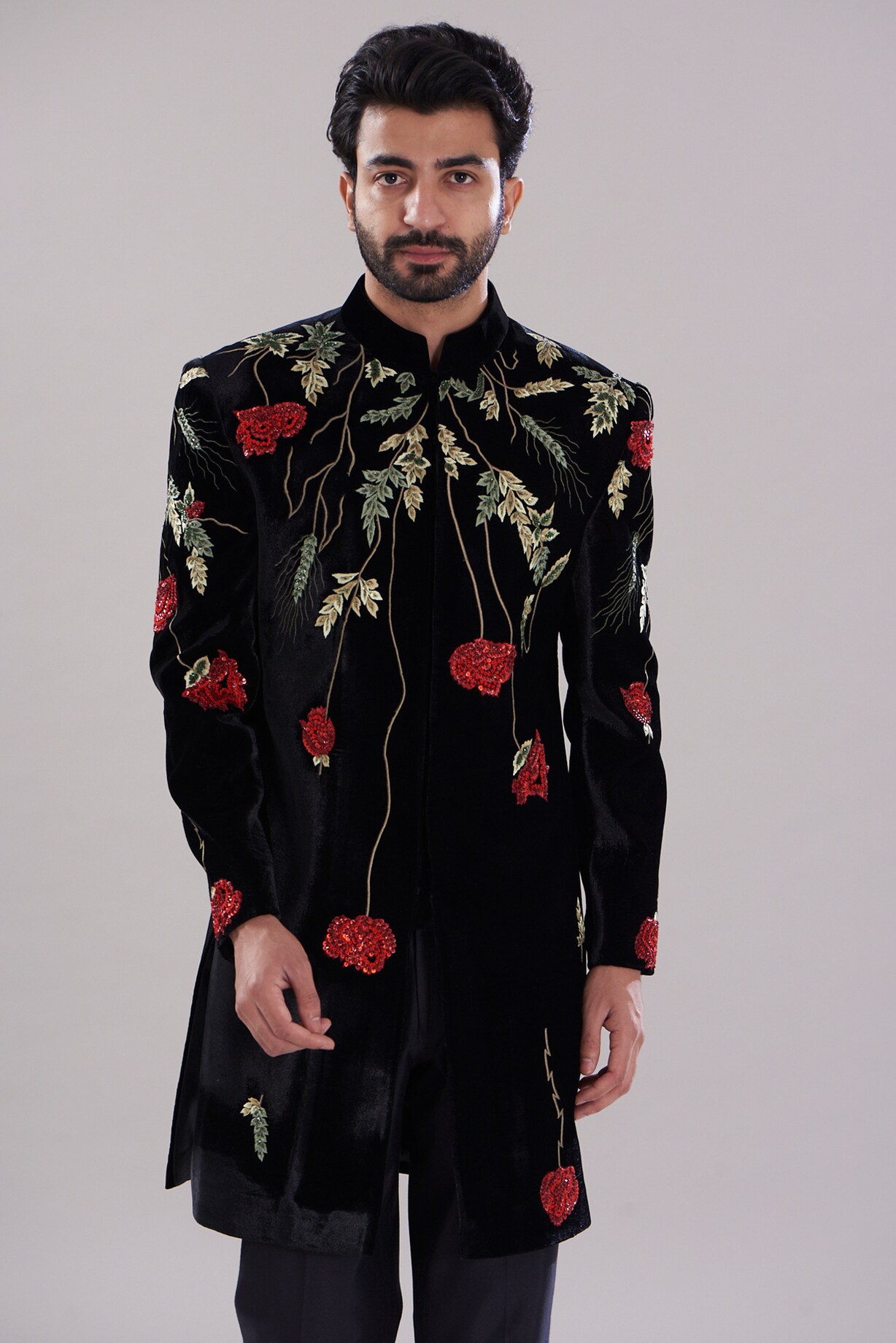 Black Silk Velvet Hand Embroidered Indowestern Set by Aditya Sachdeva Men at Pernia's Pop Up ...
