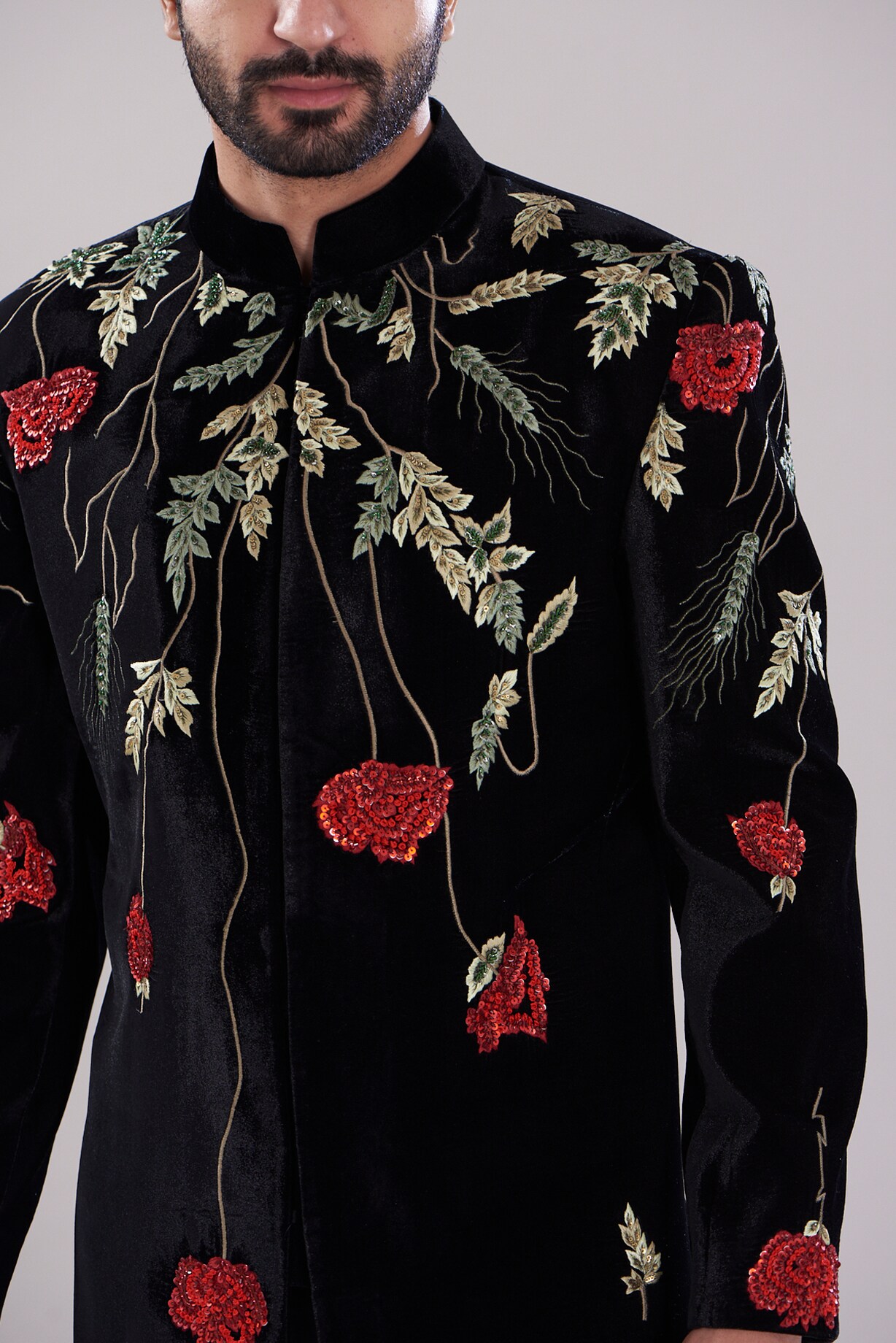 Black Silk Velvet Hand Embroidered Indowestern Set by Aditya Sachdeva Men at Pernia's Pop Up ...