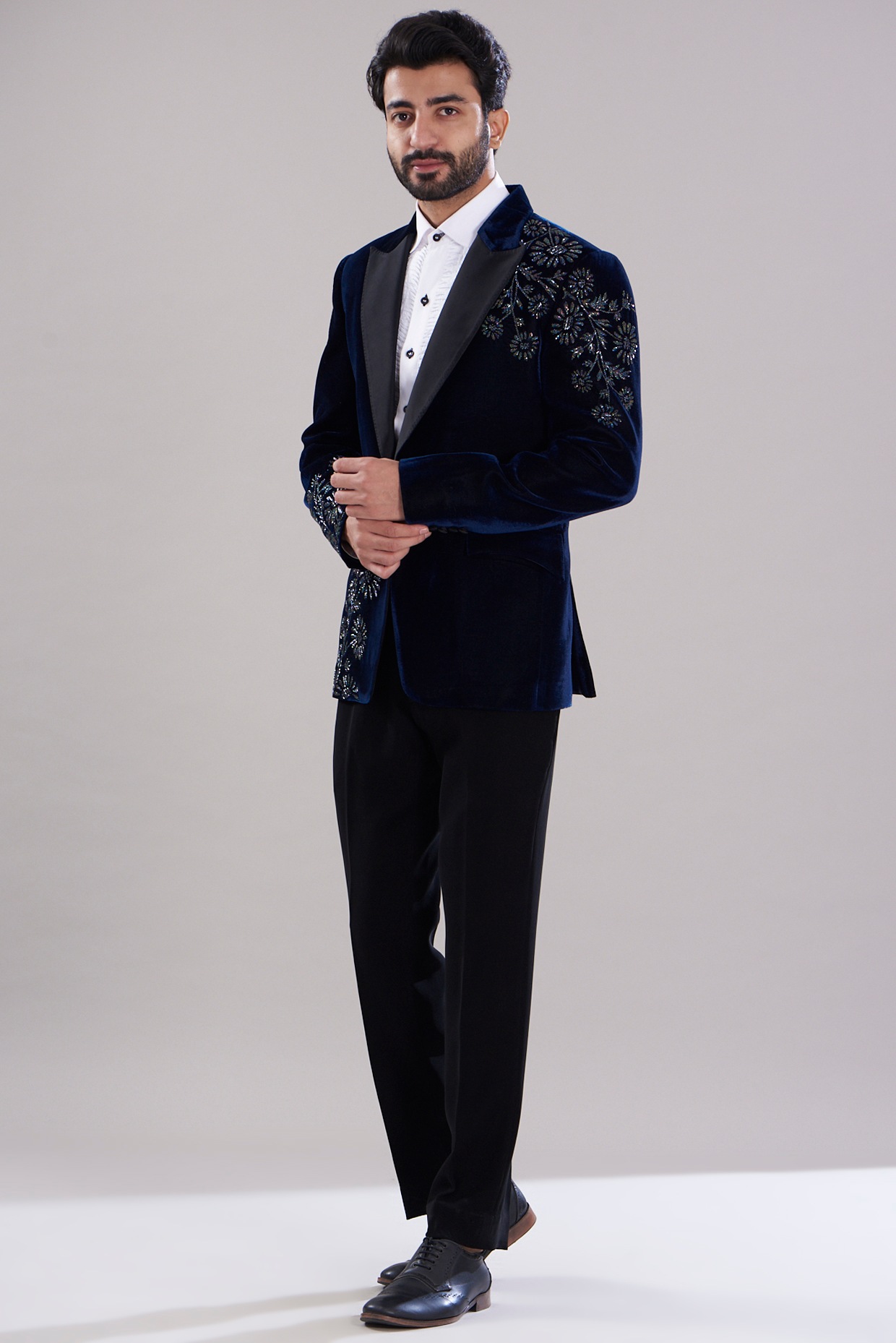 Navy Blue Silk Velvet Hand Embroidered Tuxedo Set by Aditya Sachdeva Men at Pernia's Pop Up Shop ...