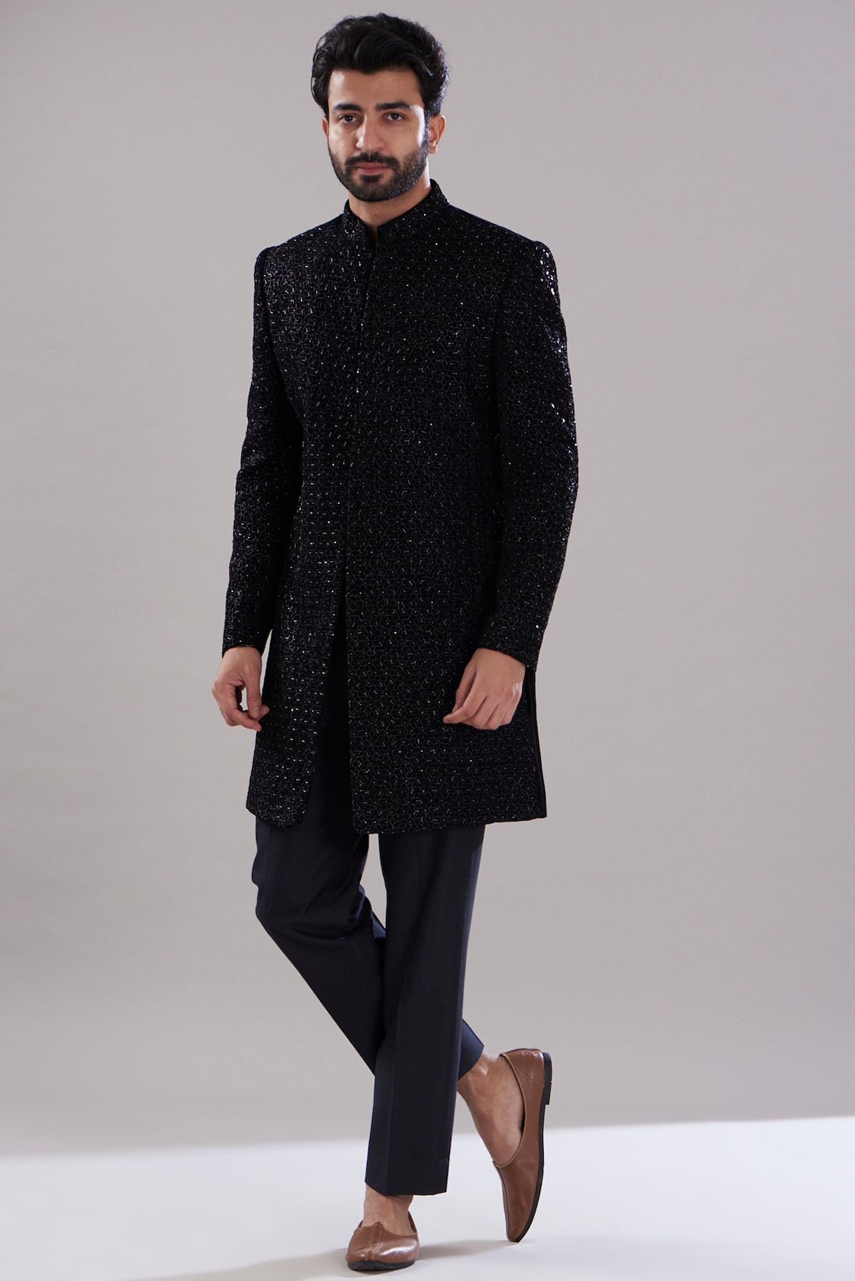 Buy Aditya Sachdeva Men Black Silk Velvet Embroidered Indowestern Set at Pernia'sPopUpShopMen 2025