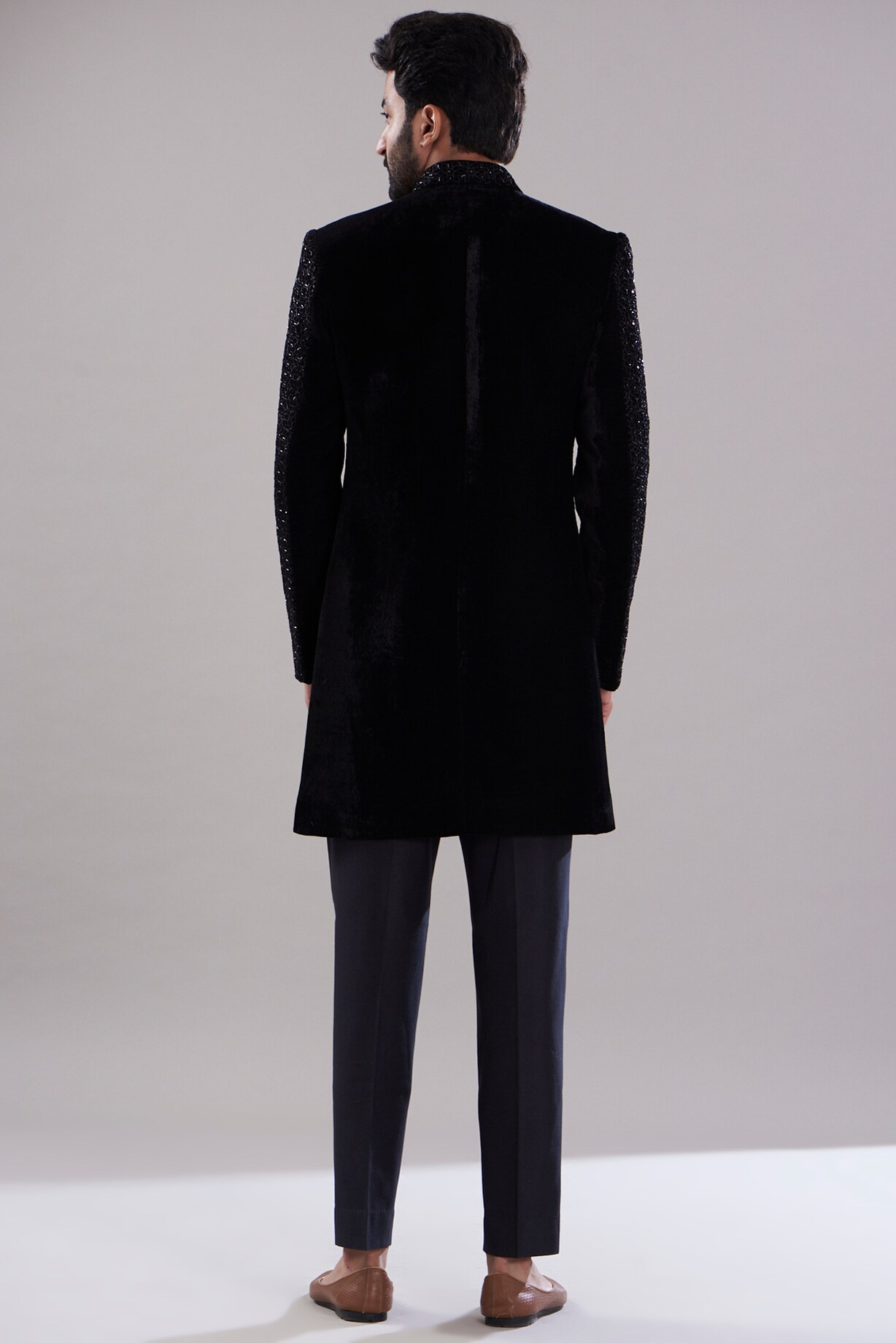 Buy Aditya Sachdeva Men Black Silk Velvet Embroidered Indowestern Set at Pernia'sPopUpShopMen 2025