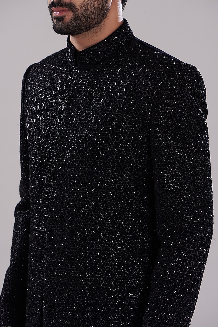 Buy Aditya Sachdeva Men Black Silk Velvet Embroidered Indowestern Set at Pernia'sPopUpShopMen 2025