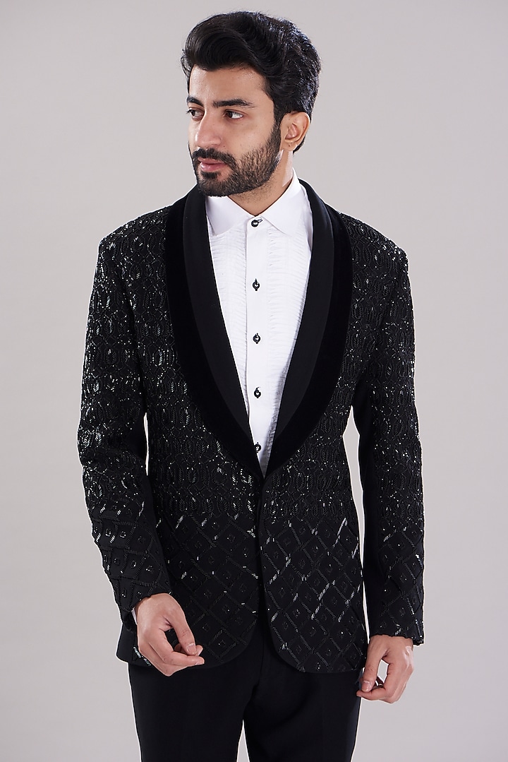 Buy Aditya Sachdeva Men Black Italian Crepe Hand Embroidered Tuxedo Set at Pernia'sPopUpShopMen 2025