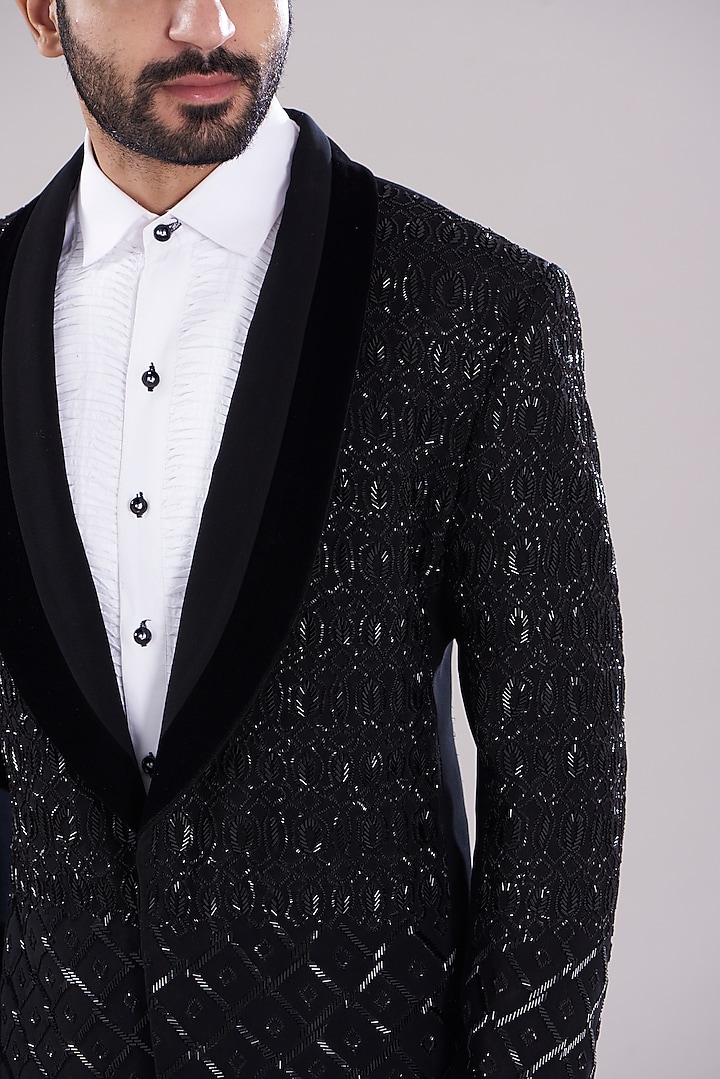 Buy Aditya Sachdeva Men Black Italian Crepe Hand Embroidered Tuxedo Set at Pernia'sPopUpShopMen 2025