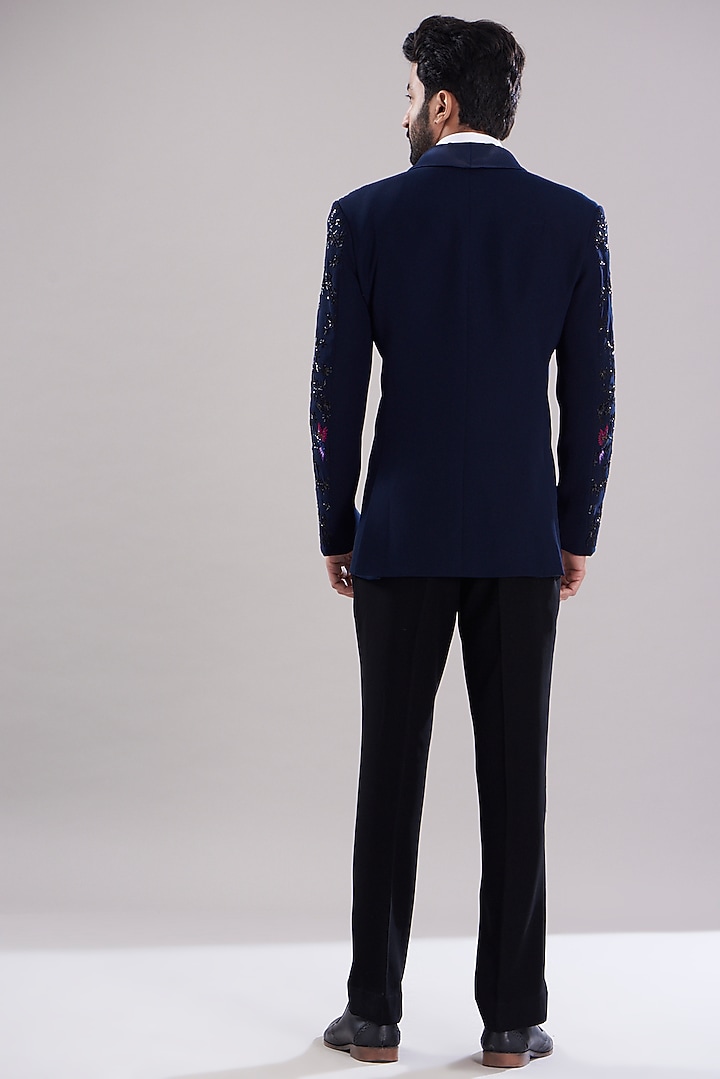 Navy Blue Italian Crepe Hand Embroidered Tuxedo Set by Aditya Sachdeva Men at Pernia's Pop Up ...