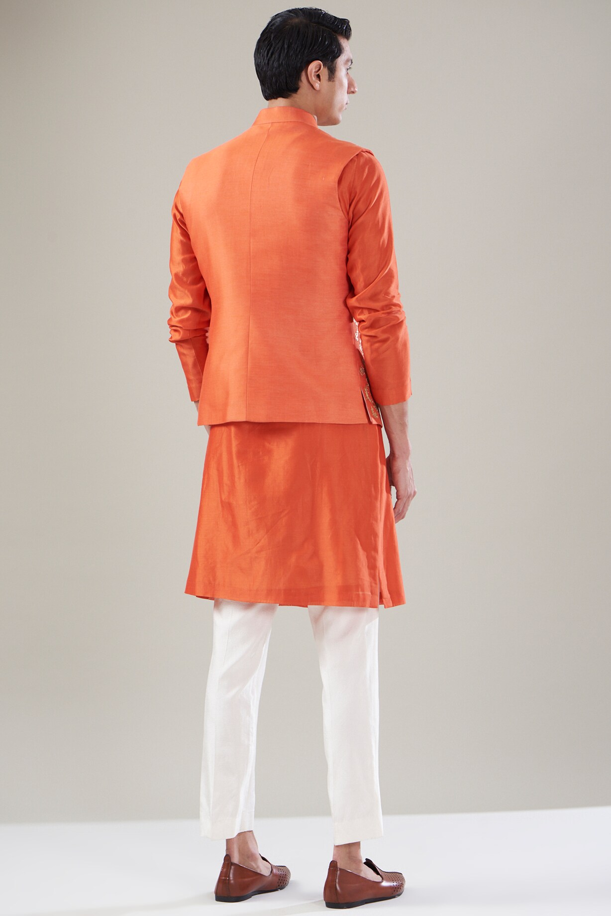 Orange Raw Silk Embroidered Nehru Jacket Set by Aditya Sachdeva Men at Pernia's Pop Up Shop 2024
