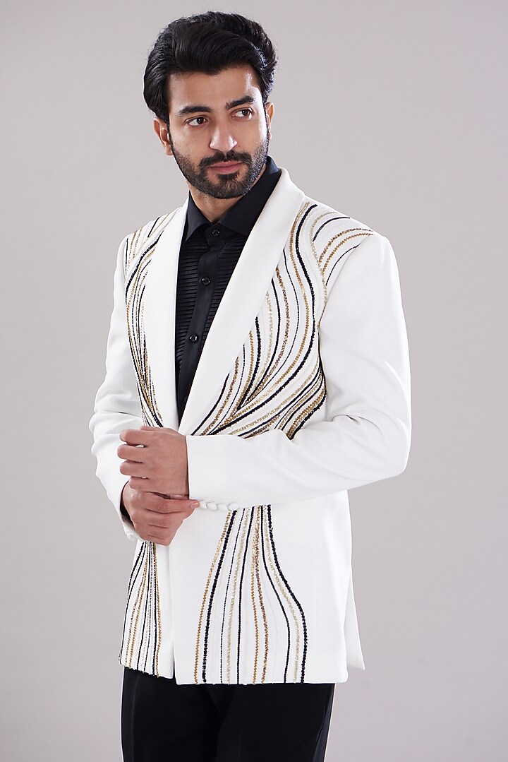 White Italian Crepe Hand Embroidered Tuxedo Set by Aditya Sachdeva Men at Pernia's Pop Up Shop 2025