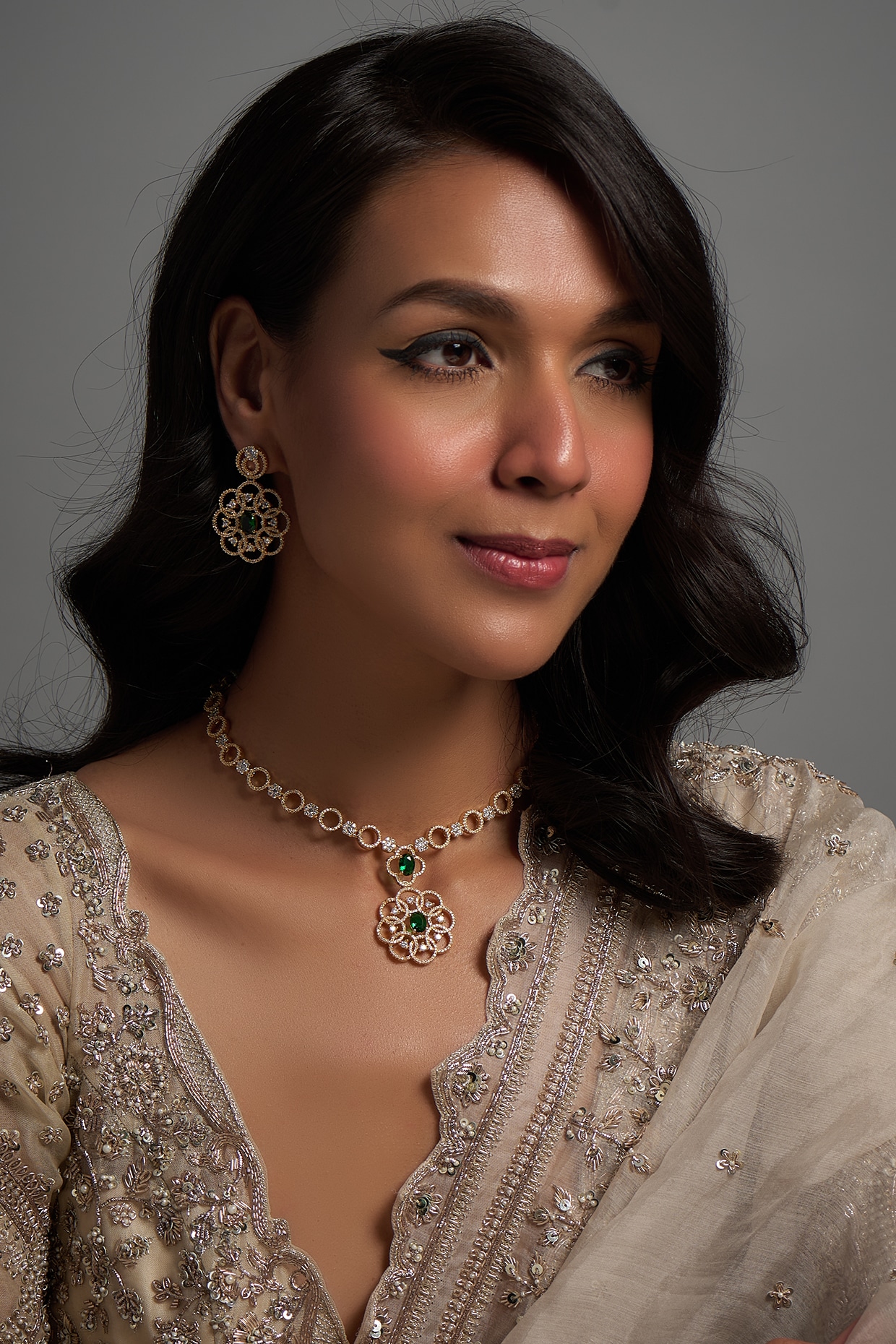 Gold Finish Zircon & Green Stone Necklace Set by Adityam Jewels at ...