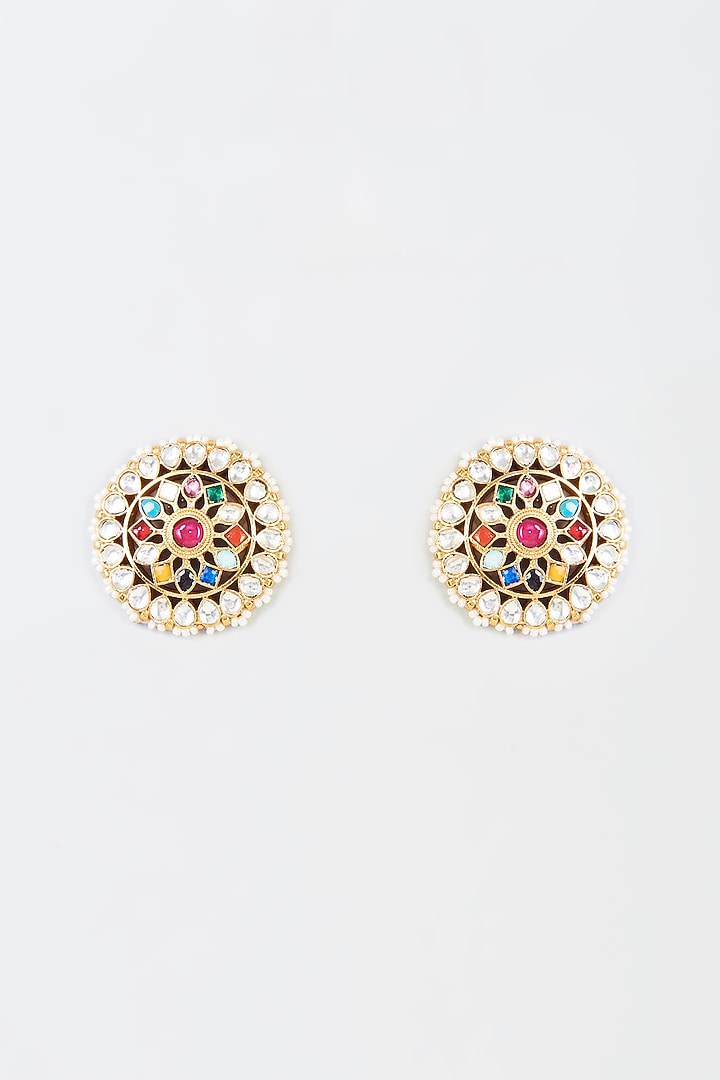 Gold Finish Navratna Stone & Kundan Polki Stud Earrings by Adityam ...