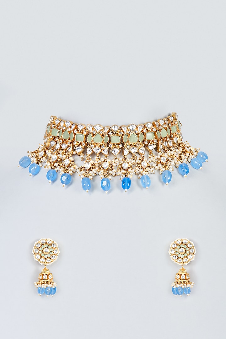 Gold Finish Kundan Polki & Blue Drop Choker Necklace Set by Adityam Jewels at Pernia's Pop Up ...