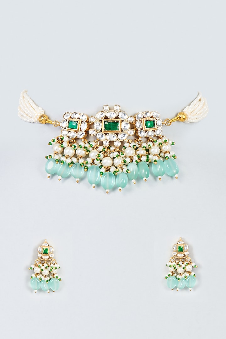 Gold Finish Kundan Polki & Green Drop Choker Necklace Set Design by Adityam Jewels at Pernia's ...
