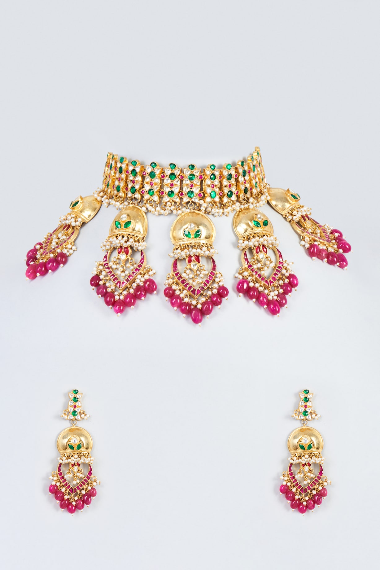 Gold Finish Green Kundan Polki & Red Drop Choker Necklace Set by ...