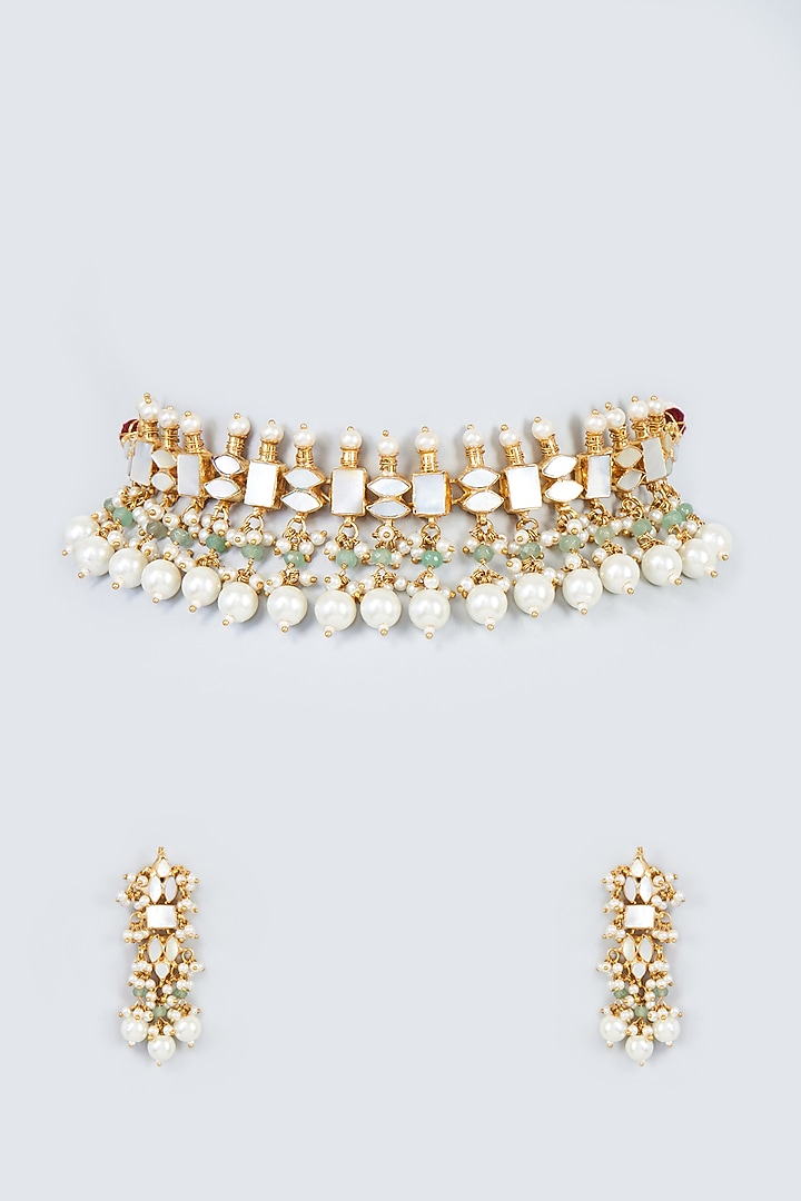 Gold Finish White Mother Of Pearl Choker Necklace Set by Adityam Jewels ...