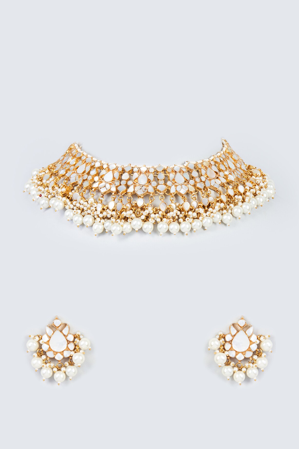 Gold Finish White Mother Of Pearl Choker Necklace Set Design by Adityam ...