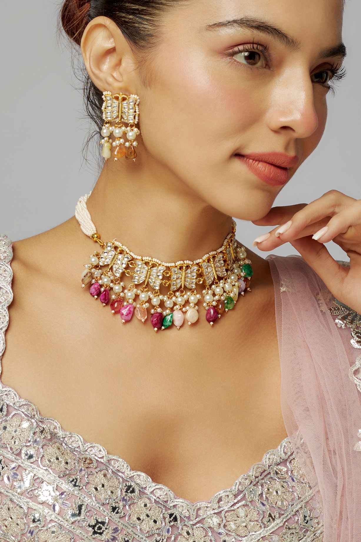 Gold Finish Multi-Colored Drop & Kundan Polki Butterfly Necklace Set by Adityam Jewels at Pernia ...