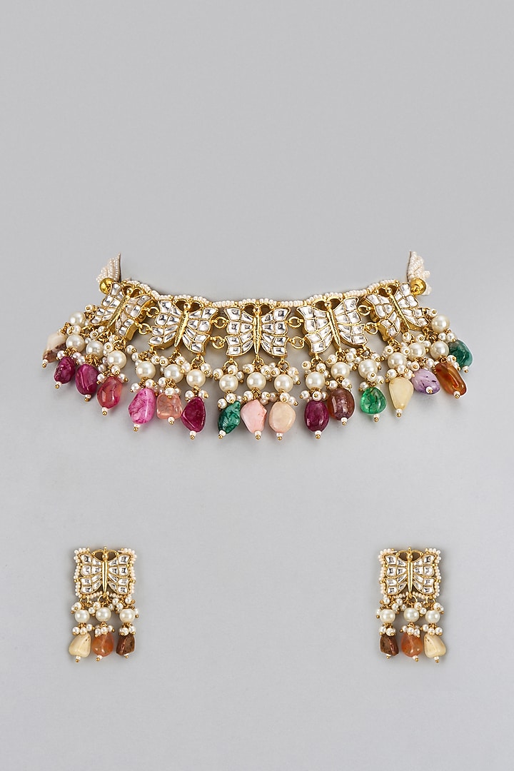 Gold Finish Multi-Colored Drop & Kundan Polki Butterfly Necklace Set by Adityam Jewels at Pernia ...