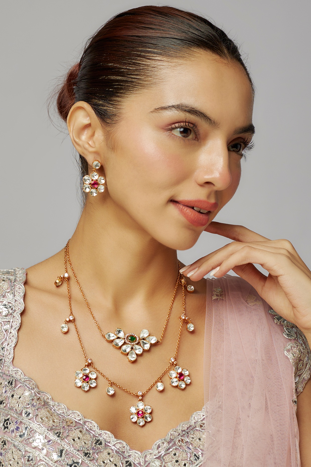Gold Finish Multi-Colored Kundan Polki Layered Necklace Set by Adityam ...