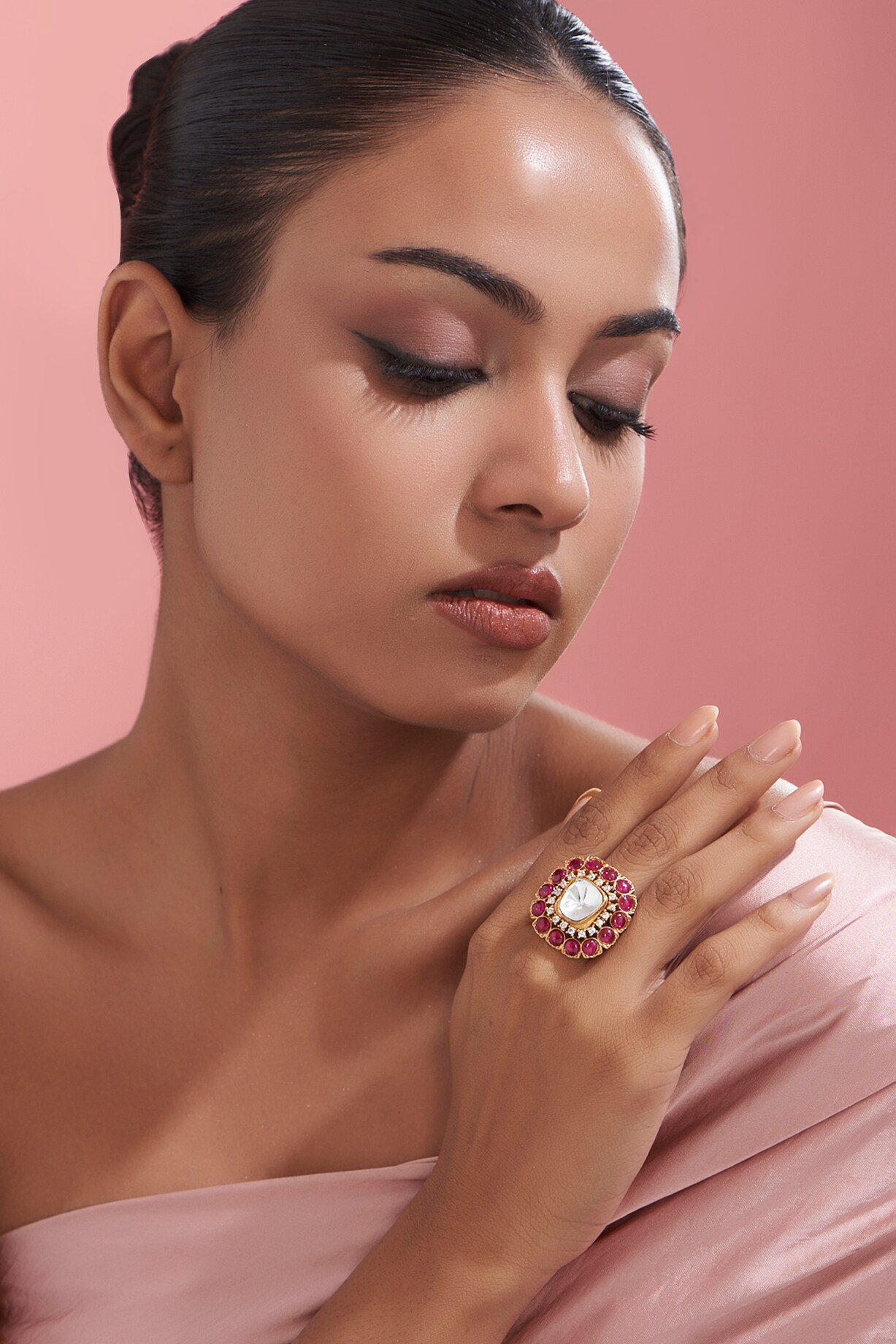 Gold Finish Pink Kundan Polki Ring by Adityam Jewels at Pernia's Pop Up ...